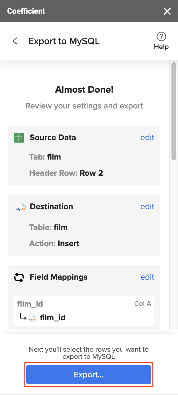 Export to SQL DB – Coefficient